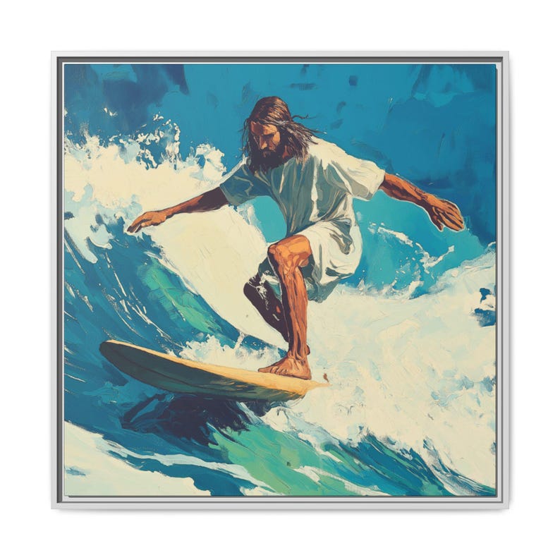 Surf Jesus Framed Canvas Art, Beach Wave Print - Etsy