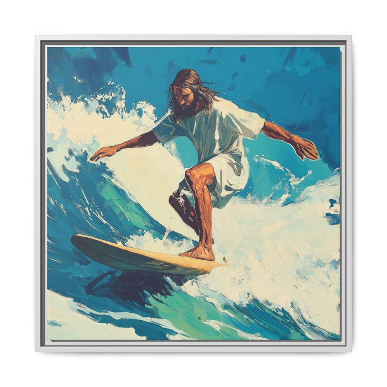 Surf Jesus Framed Canvas Art, Beach Wave Print - Etsy