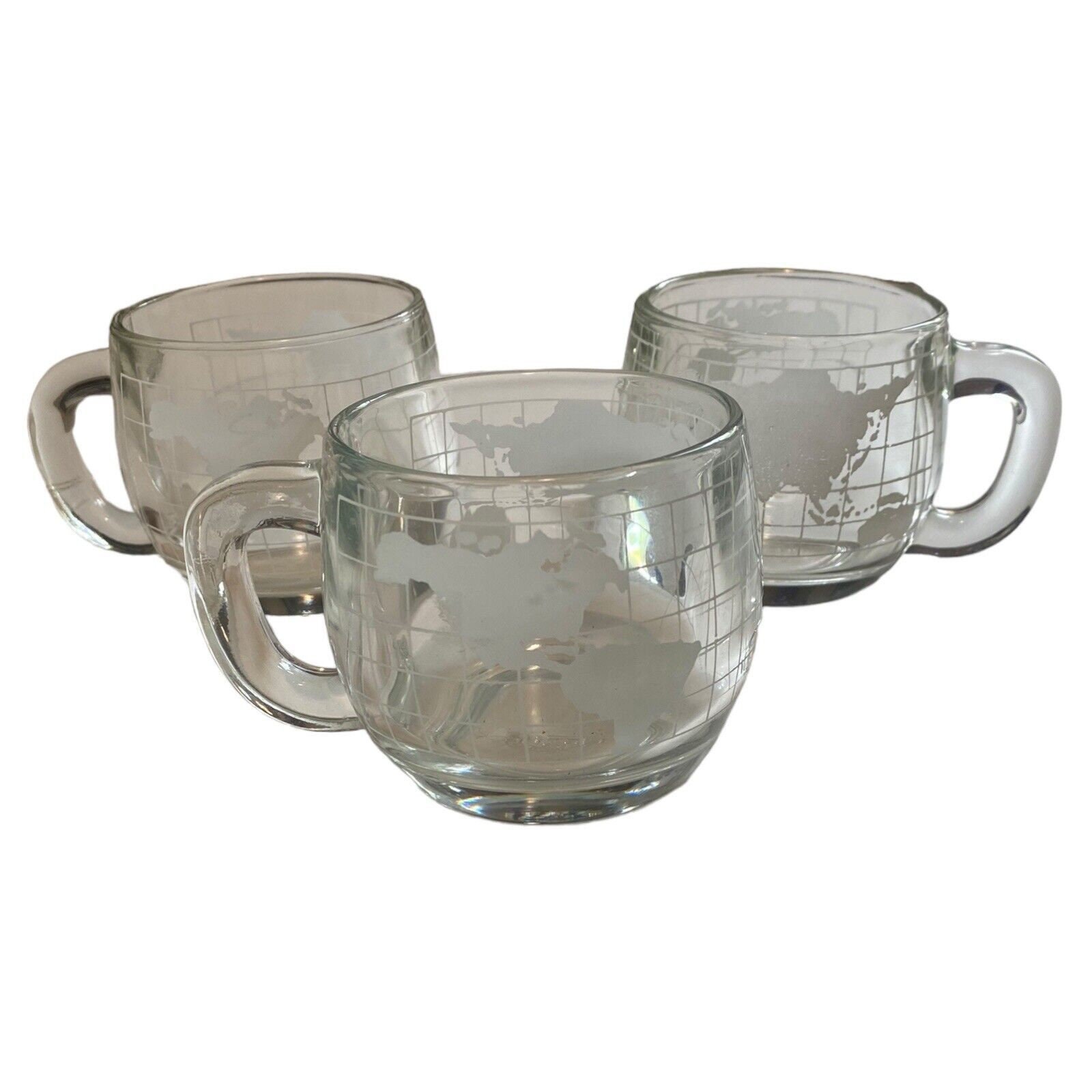 Set of 3 Vintage Nestle Nescafe World Map Globe Etched Glass Coffee Cup ...