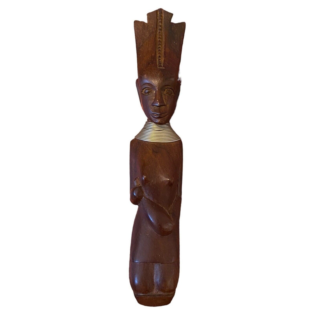 VTG African Wood Carved Woman Totem Tribal Folk Art Kneeling Elongated ...
