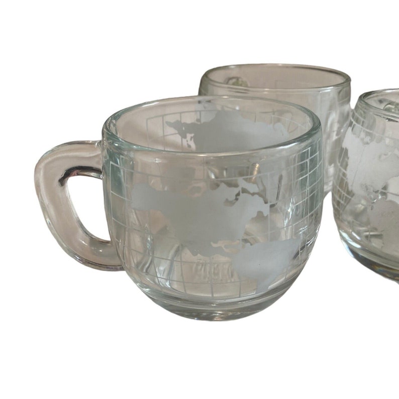 Set of 3 Vintage Nestle Nescafe World Map Globe Etched Glass Coffee Cup ...