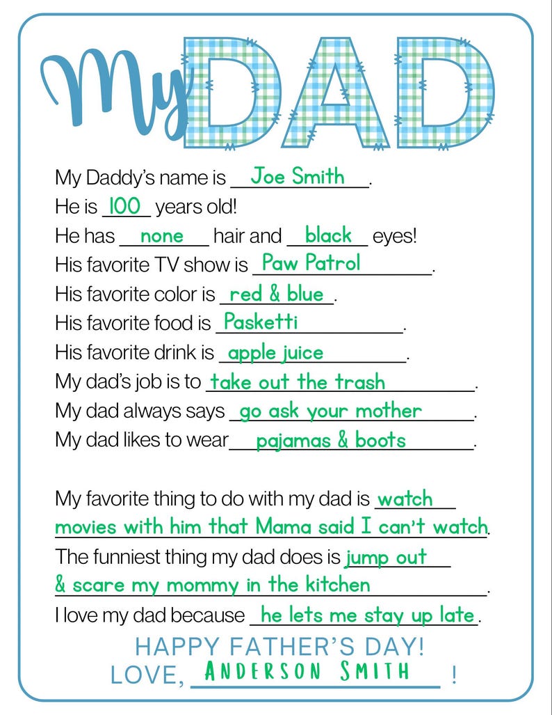 All About My Dad | Dad Libs | Father’s Day Printable | Fill in the ...