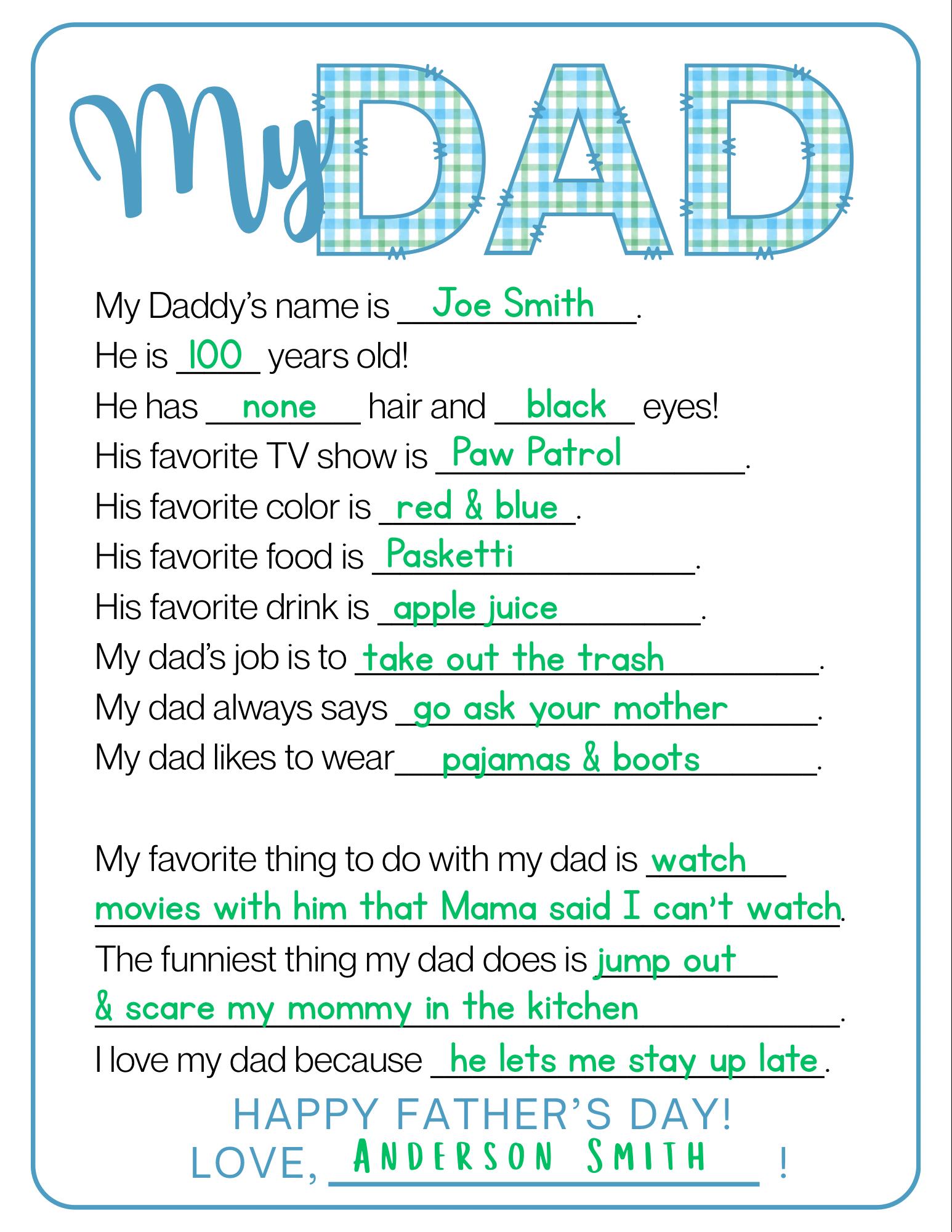 Father's Day Fill-in-the-blank Printable: Dad Libs Activity (digital ...