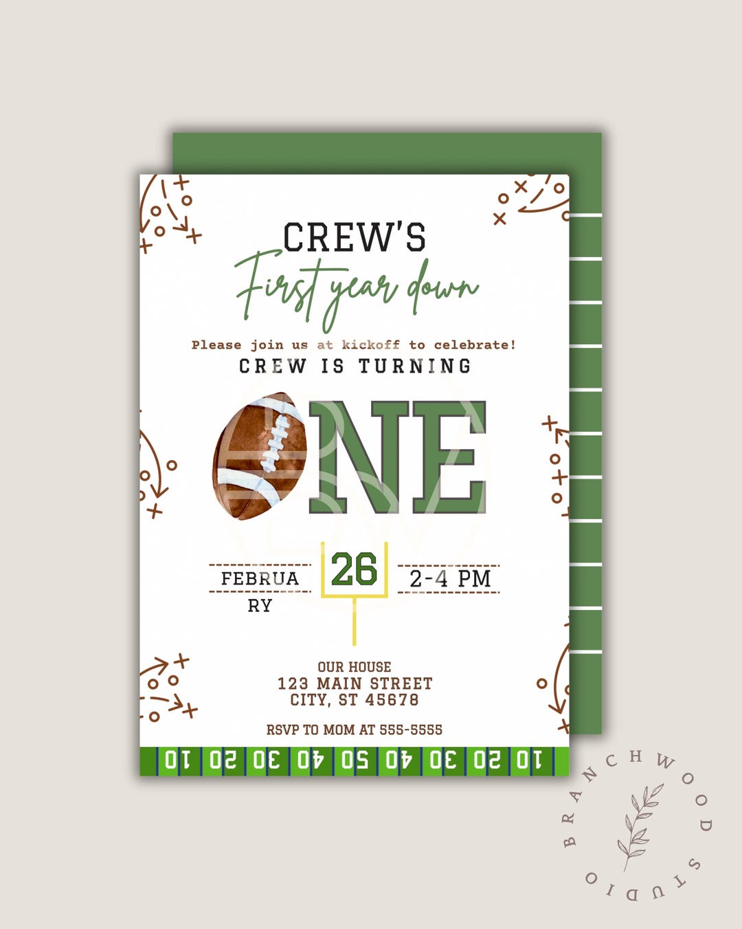 First Year Down Football Birthday Invitation | Editable Canva Template ...