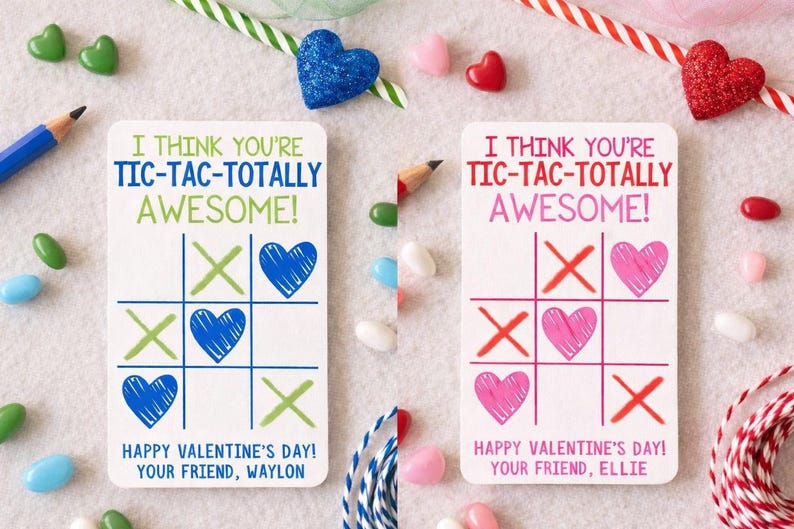 Editable Tic Tac Toe Valentine Tag | 2x3 Printable Classroom Valentine ...
