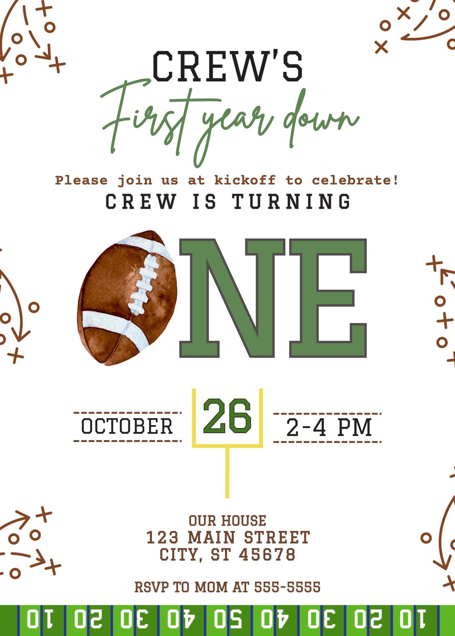 First Year Down Football Birthday Invitation | Editable Canva Template ...