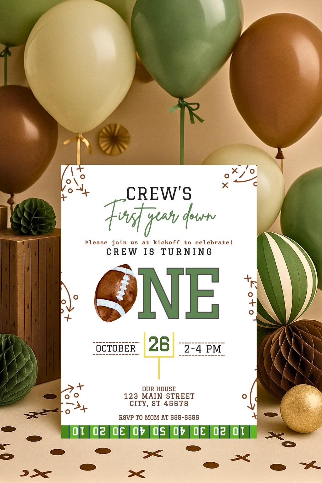 First Year Down Football Birthday Invitation | Editable Canva Template ...