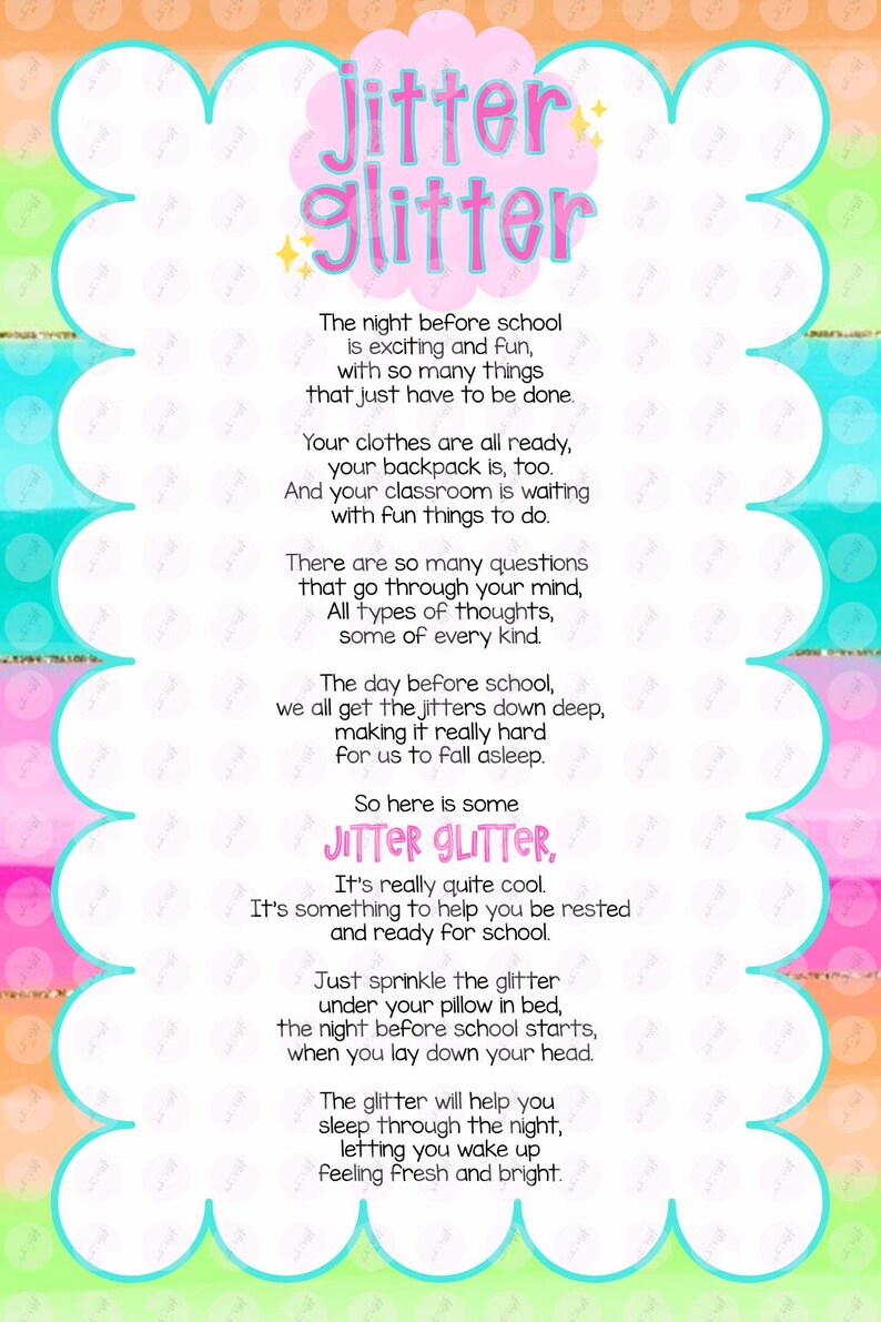Jitter Glitter First Day Poem: Back to School Gift Tag (digital ...
