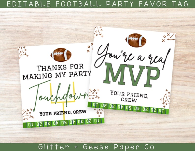 Editable Football Party Favor Tags | Game Day Thank You Tags for Boys ...