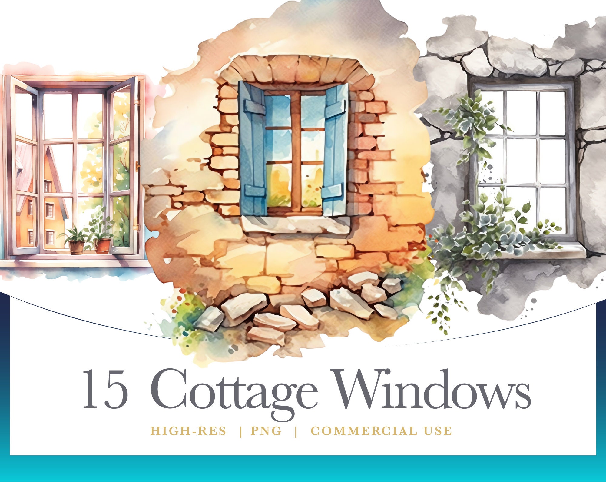 Watercolor Cottage Window Clipart, Window Clipart, Digital Graphics for ...