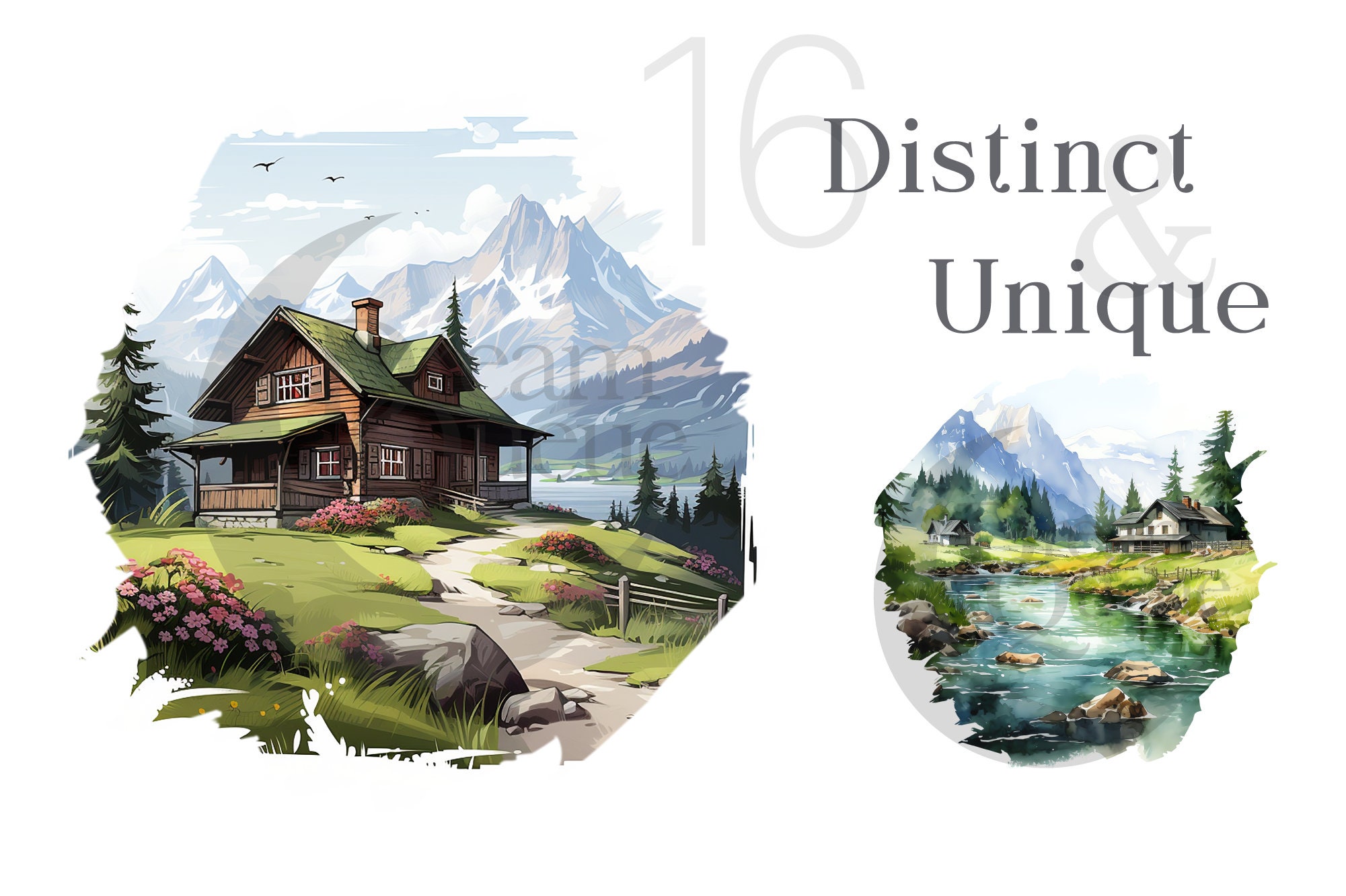 Rustic Watercolor Cabin Clipart, Swiss Chalet, Digital Graphics for ...