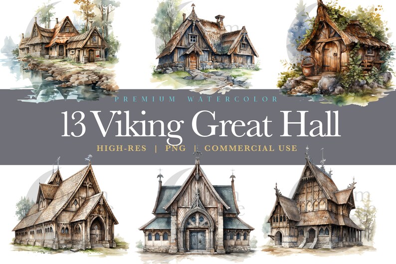 Watercolor Viking Great Hall Clipart, Commercial Use (digital Download ...