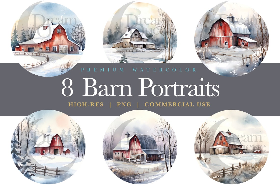 Rustic Watercolor Barn Clipart, Winter Barn Portraits, Digital Graphics ...