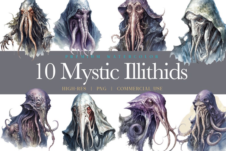 Fantasy Watercolor Illithid Clipart, Digital Graphics for Commercial ...