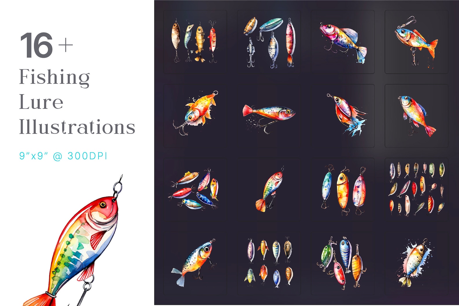Fishing Lure Watercolor Clipart, Digital Graphics for Commercial Use ...