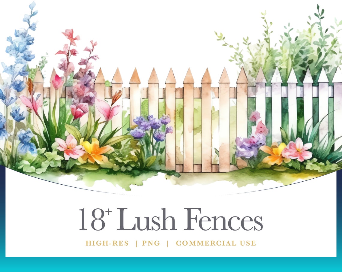 Watercolor Garden Fences Clipart, Spring Floral Clipart, Digital ...