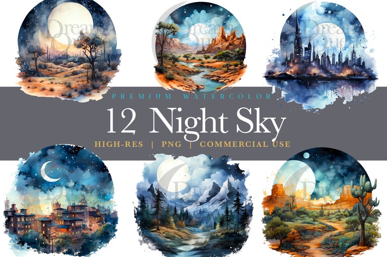 Night Sky Watercolor Clipart, Stars Moon Style, Magical Clipart ...