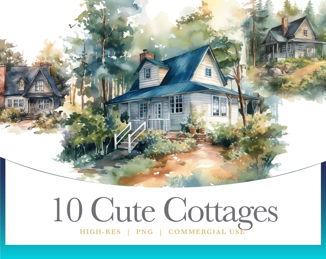 Cute Watercolor Cottage Clipart, Digital Graphics for Commercial Use ...