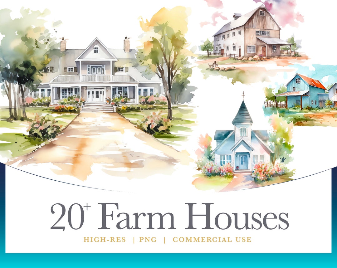 Farmhouse Watercolor Barn Clipart, Farm House Wedding, Digital Graphics ...