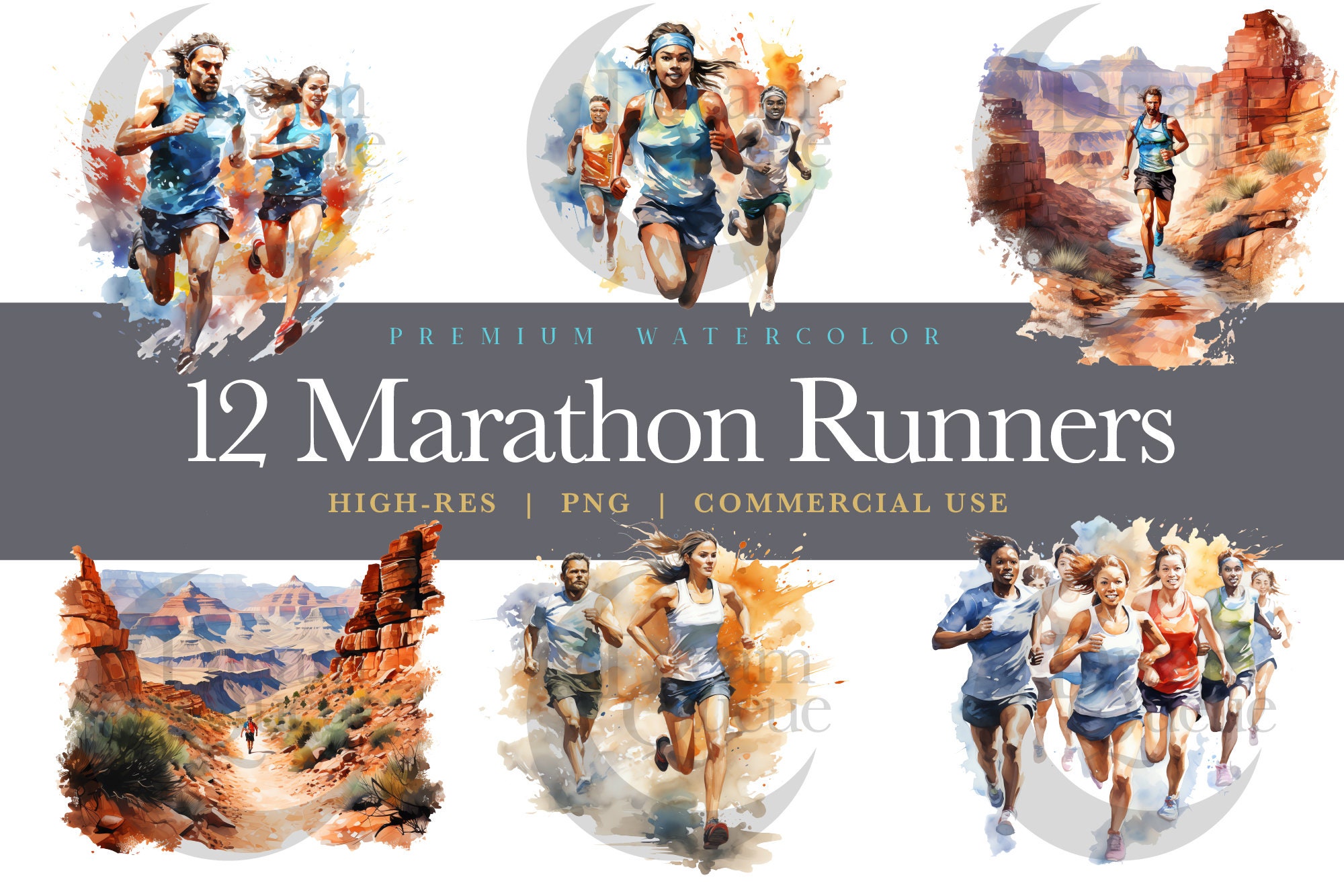 Watercolor Running, Marathon Clipart, Digital Graphics for Commercial ...