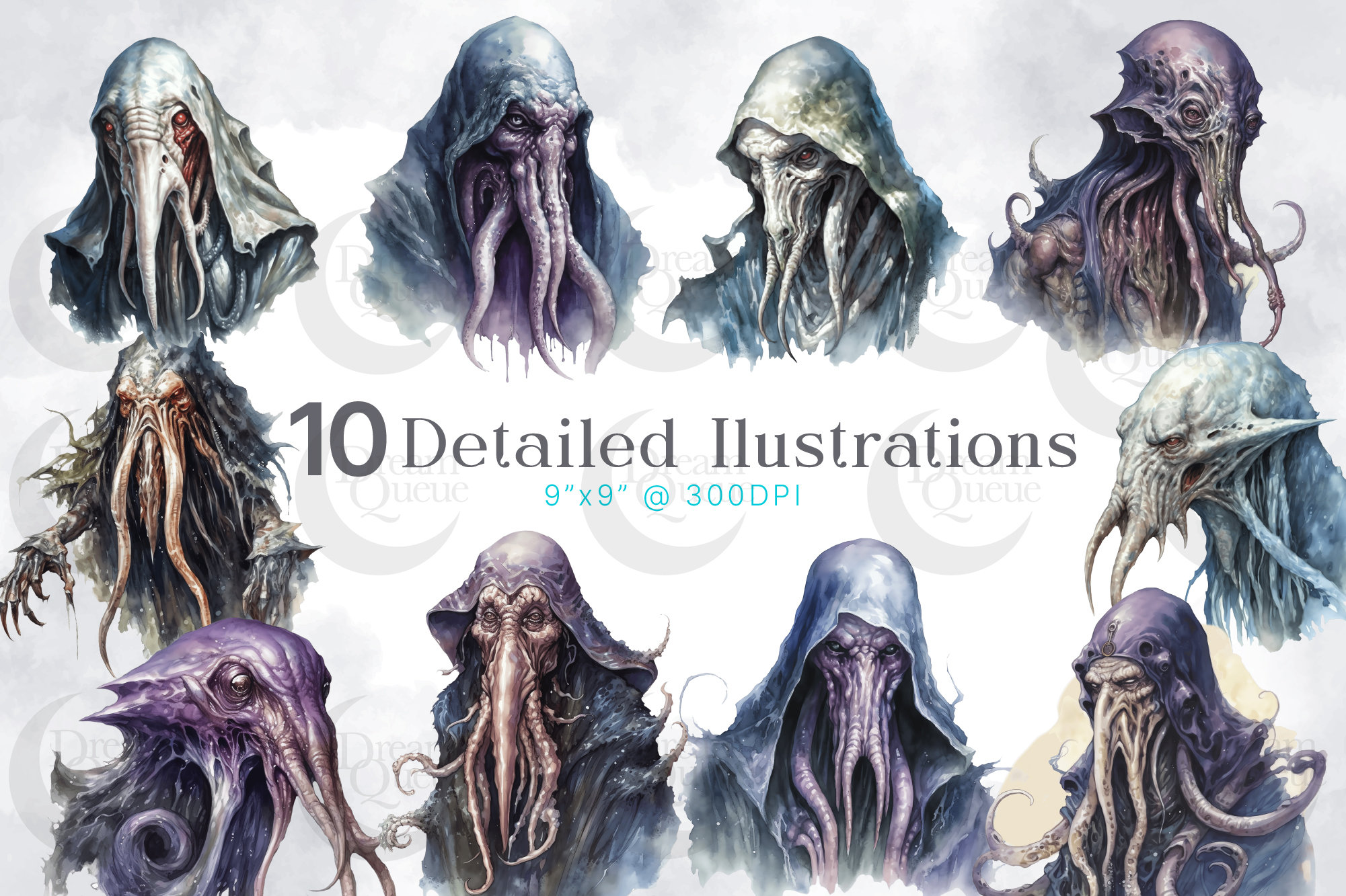 Fantasy Watercolor Illithid Clipart, Digital Graphics for Commercial ...