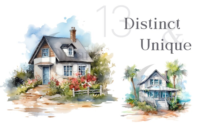 Cozy Watercolor Beach Cottage Clipart, Digital Graphics for Commercial ...