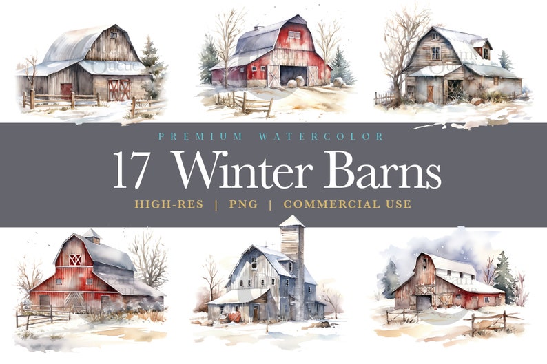 Winter Watercolor Barn Clipart, Digital Graphics for Commercial Use ...
