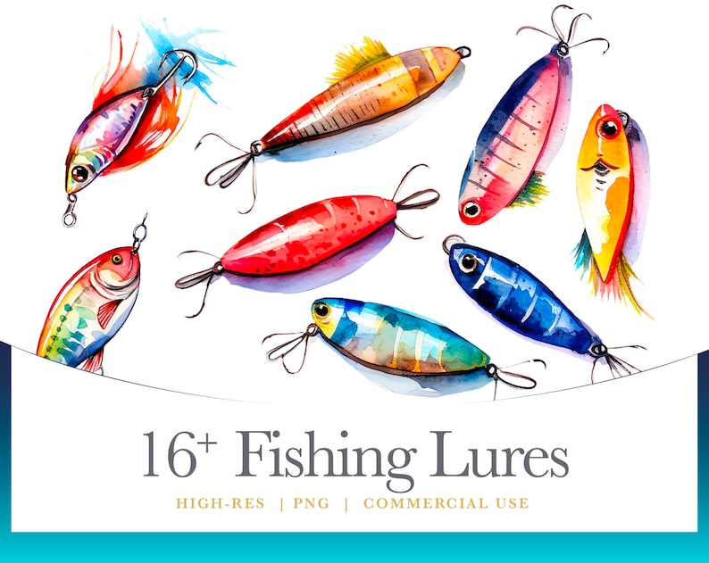 Fishing Lure Watercolor Clipart, Digital Graphics for Commercial Use ...
