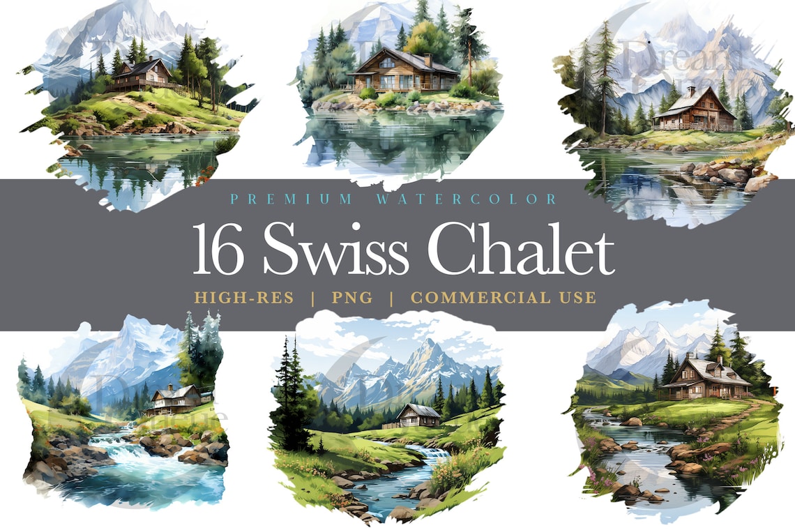 Rustic Watercolor Cabin Clipart, Swiss Chalet, Digital Graphics for ...