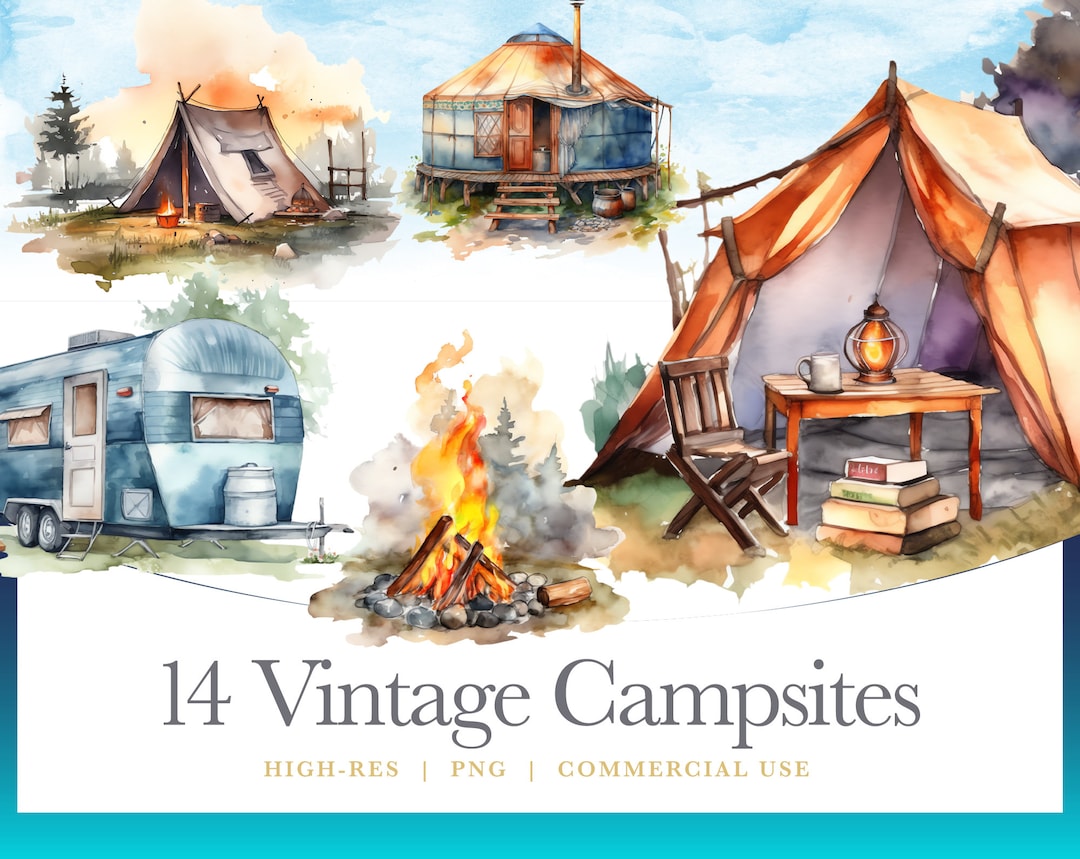 Vintage Camping Watercolor Clipart: Rustic Campfire Graphics (digital ...