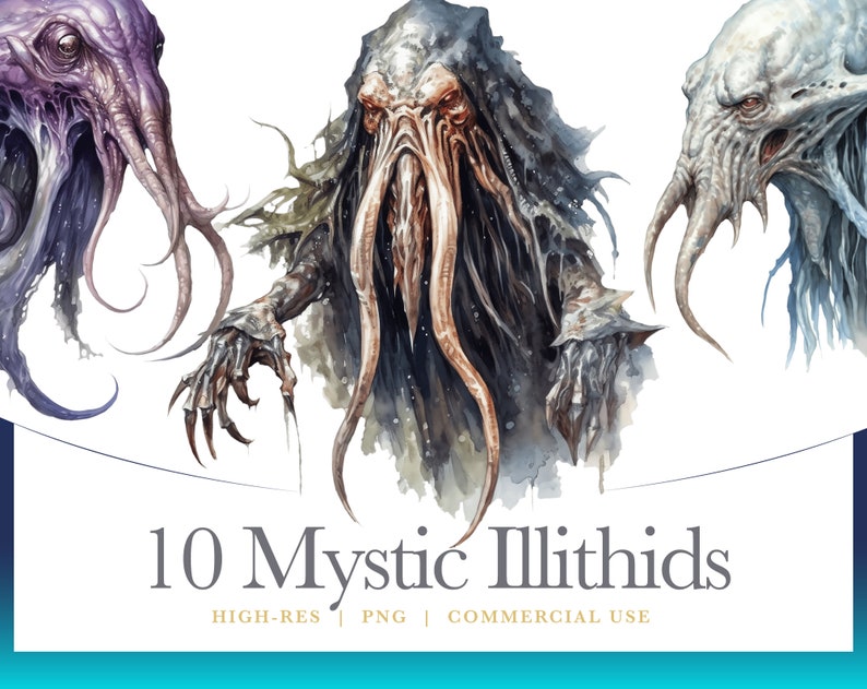 Fantasy Watercolor Illithid Clipart, Digital Graphics for Commercial ...