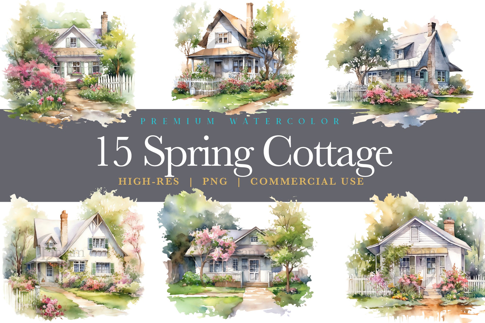 Watercolor Spring Cottage Clipart, Digital Graphics for Commercial Use ...
