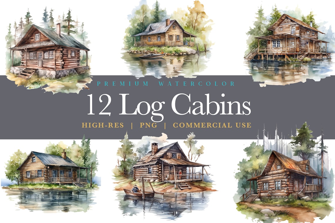 Watercolor Log Cabin Clipart, Digital Graphics for Commercial Use Instant Download - Etsy