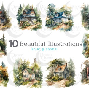 Cute Watercolor Cottage Clipart, Digital Graphics for Commercial Use ...