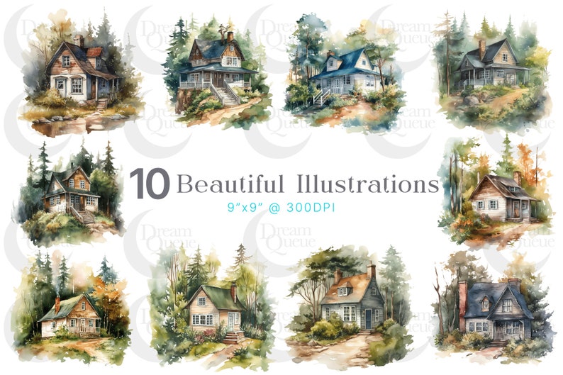 Cute Watercolor Cottage Clipart, Digital Graphics for Commercial Use ...