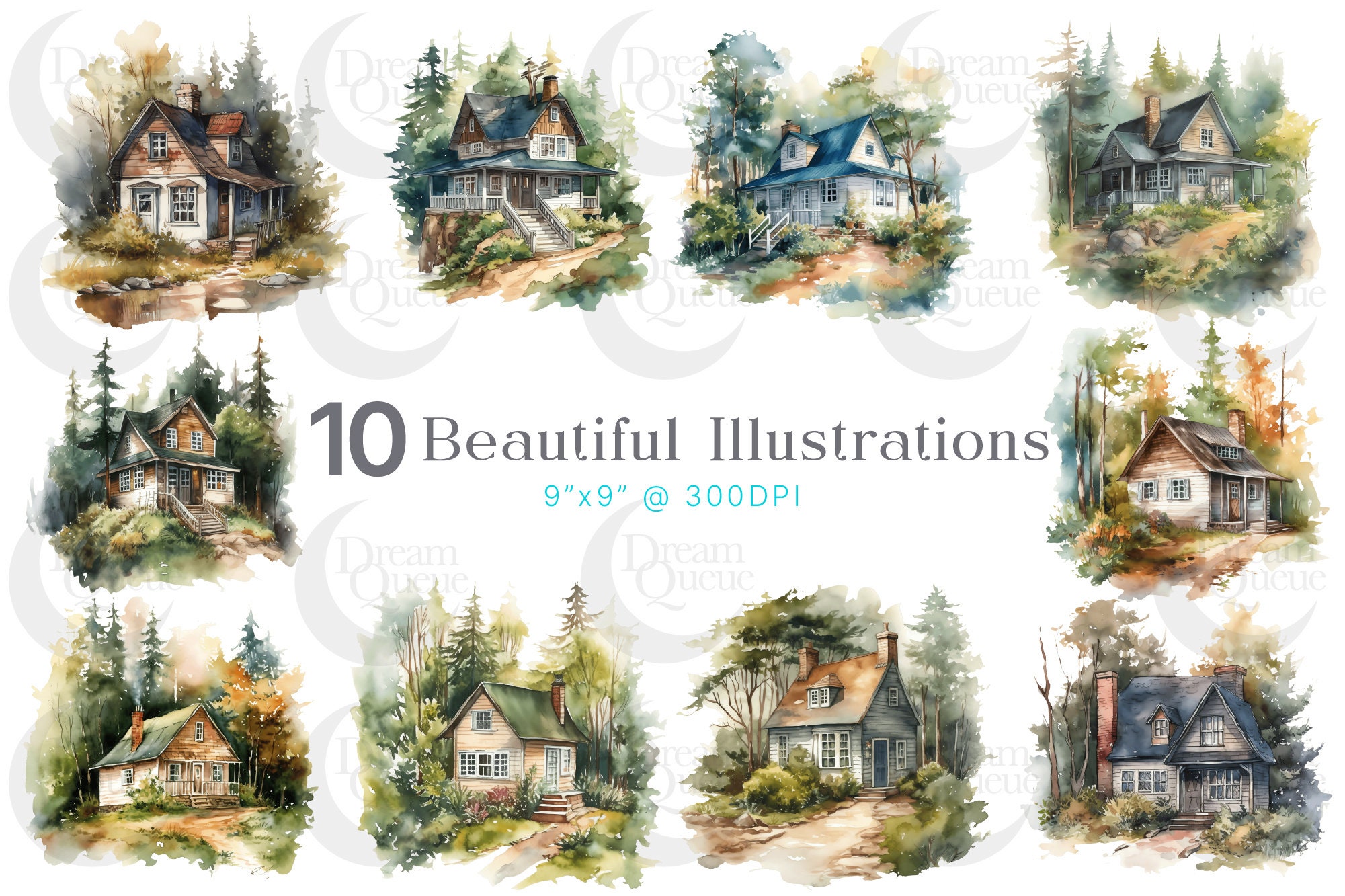 Cute Watercolor Cottage Clipart, Digital Graphics for Commercial Use ...