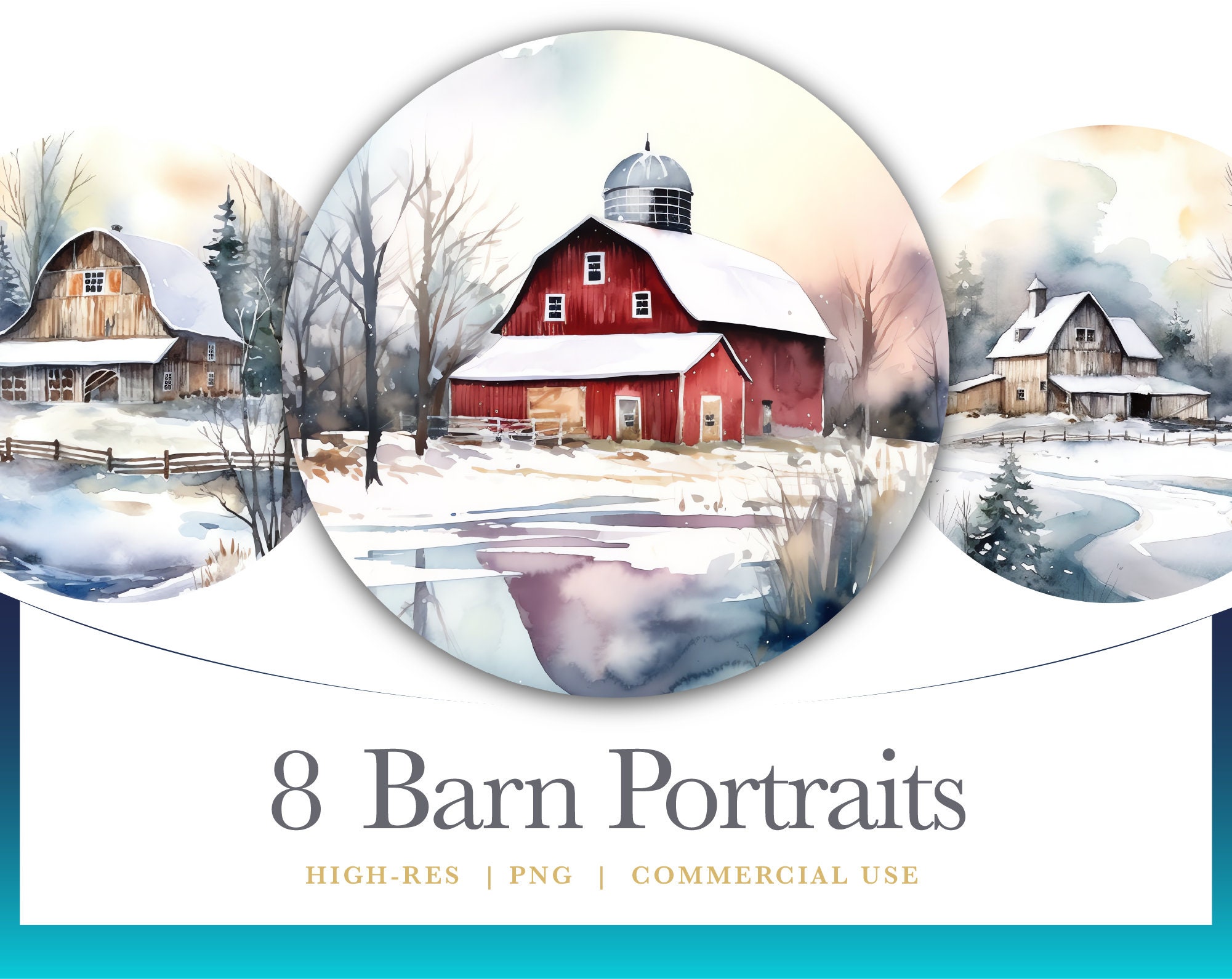 Rustic Watercolor Barn Clipart, Winter Barn Portraits, Digital Graphics ...