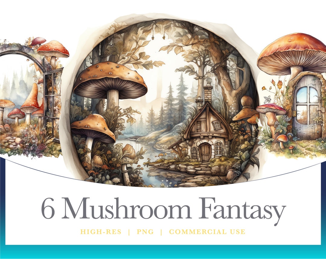 Mushroom Fantasy Watercolor Clipart, Digital Graphics for Commercial ...