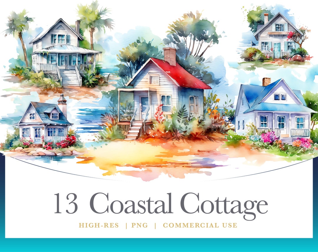 Cozy Watercolor Beach Cottage Clipart, Digital Graphics for Commercial ...