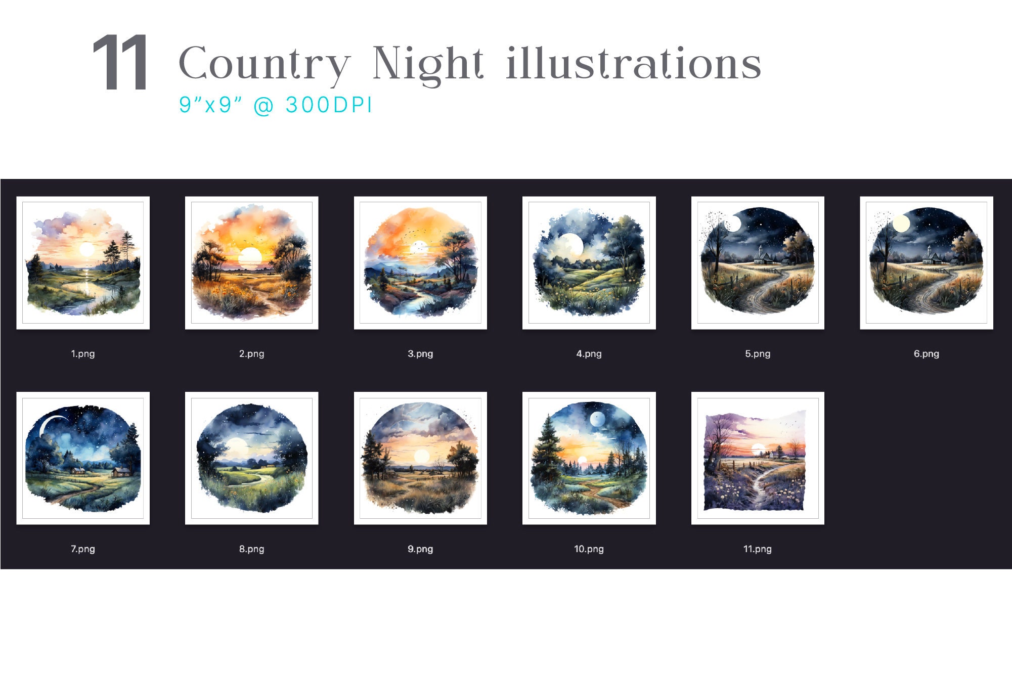 Watercolor Country Night Sky Clipart, Country Road, Digital Graphics ...