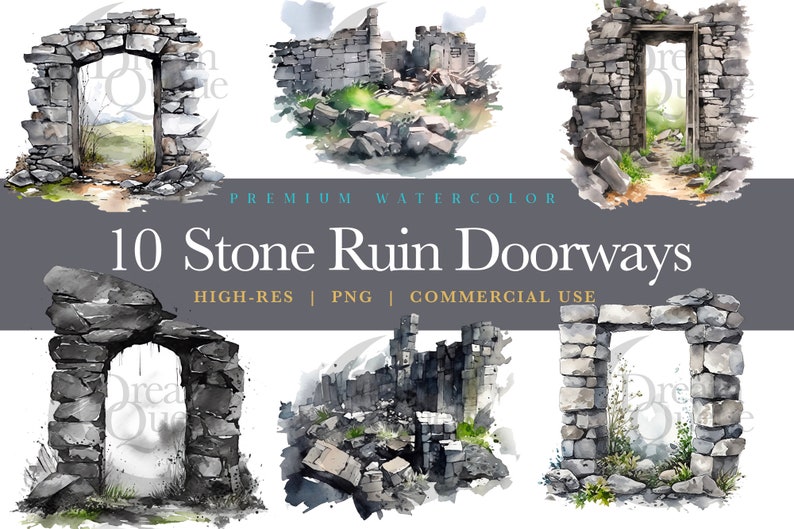 Watercolor Stone Ruin Clipart, Stone Doorway, Digital Graphics for ...