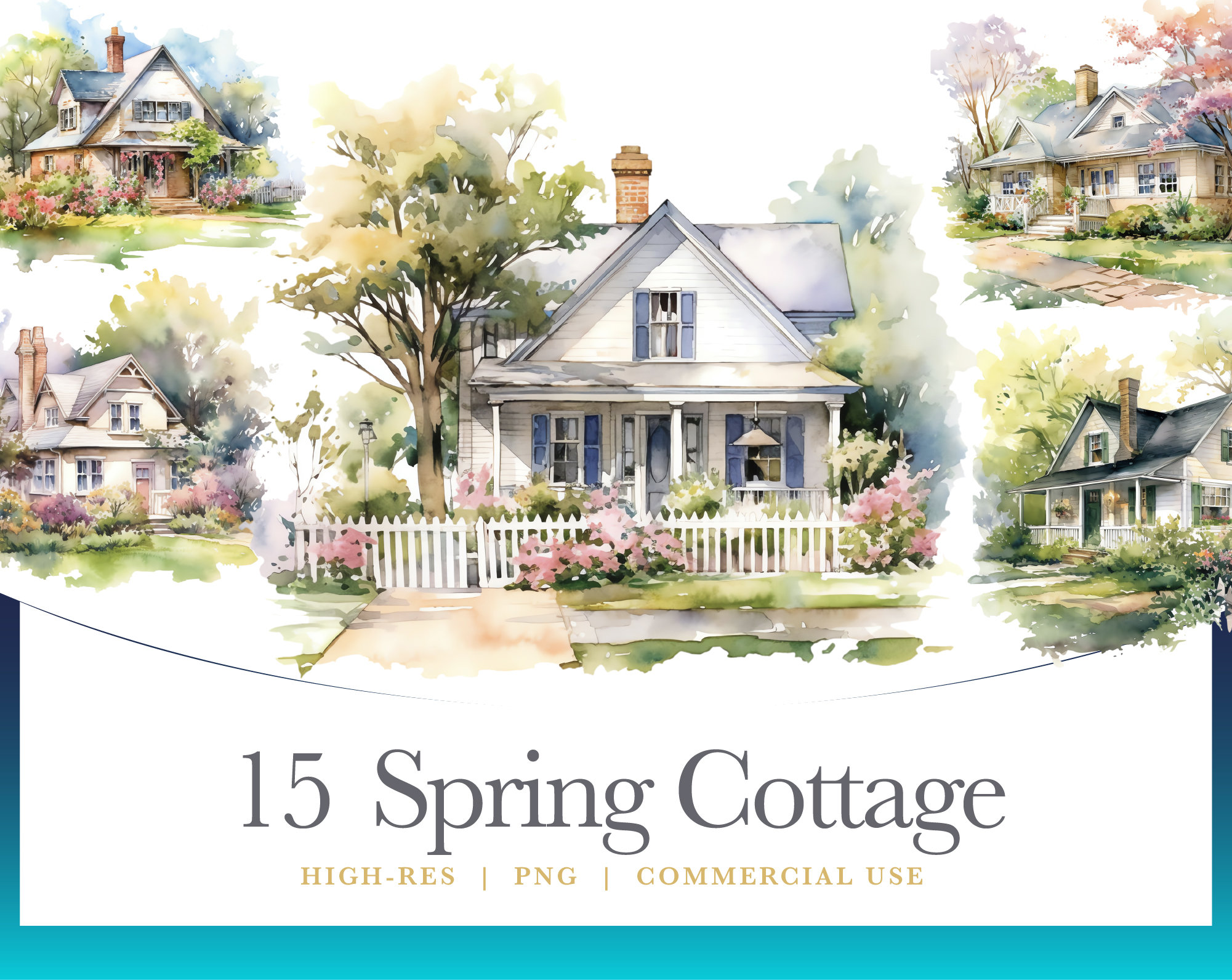 Watercolor Spring Cottage Clipart, Digital Graphics for Commercial Use ...