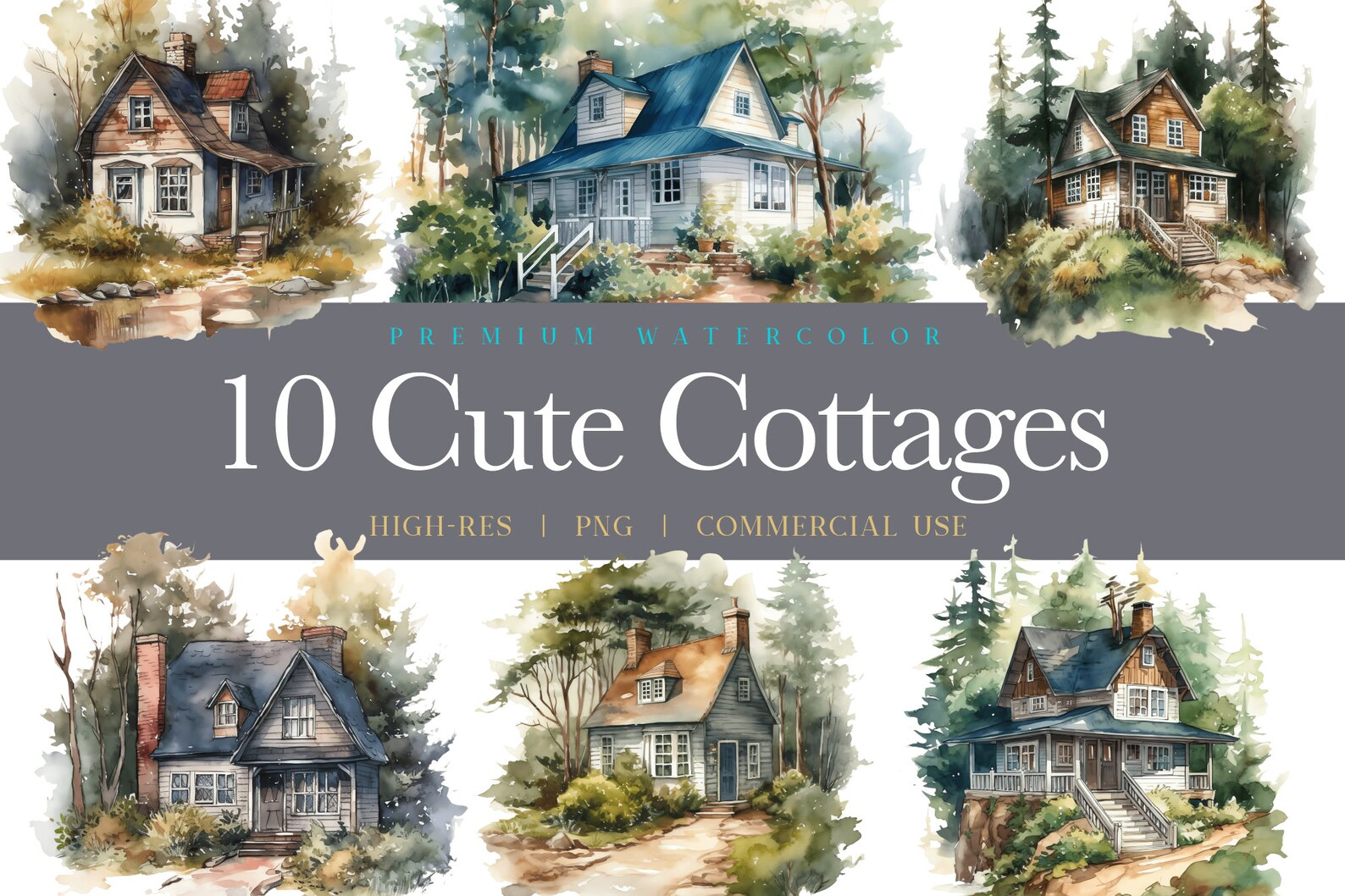 Cute Watercolor Cottage Clipart, Digital Graphics for Commercial Use ...