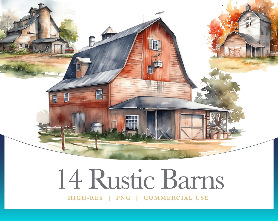 Rustic Watercolor Barn Clipart, Digital Graphics for Commercial Use ...