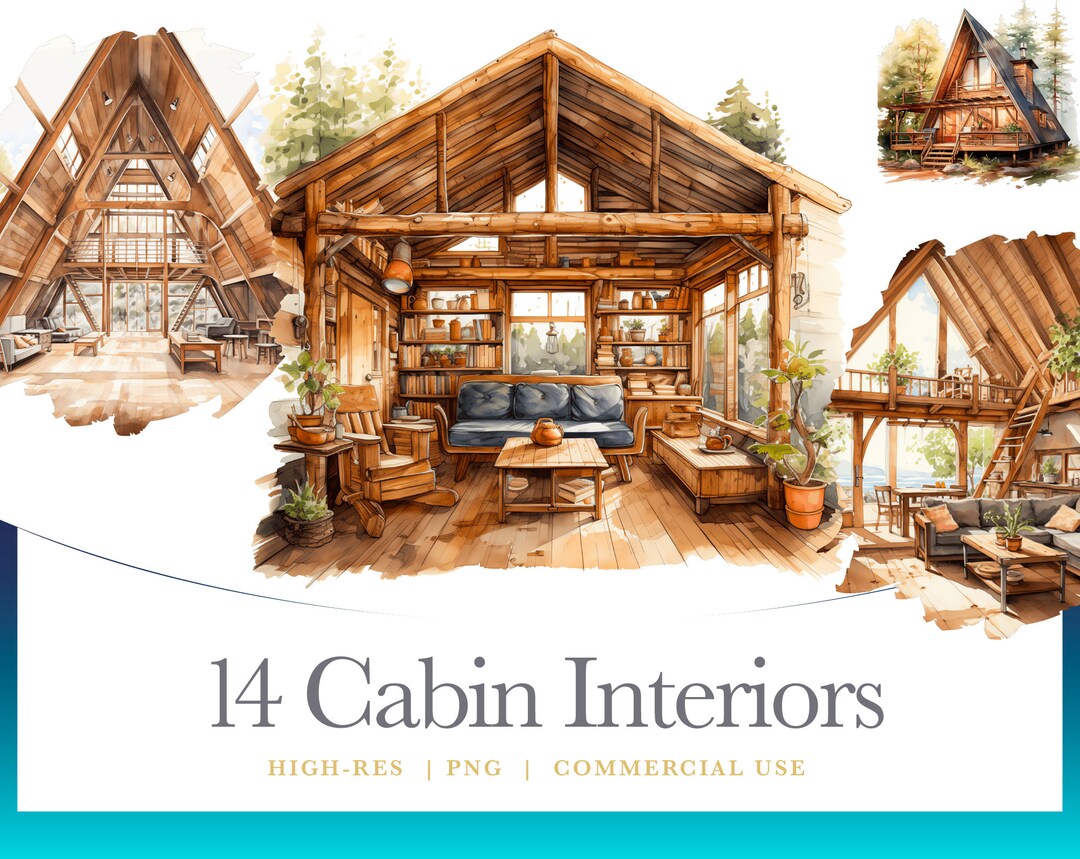 Watercolor Cabin Interior Clipart, Furniture, Digital Graphics for Commercial Use Instant ...