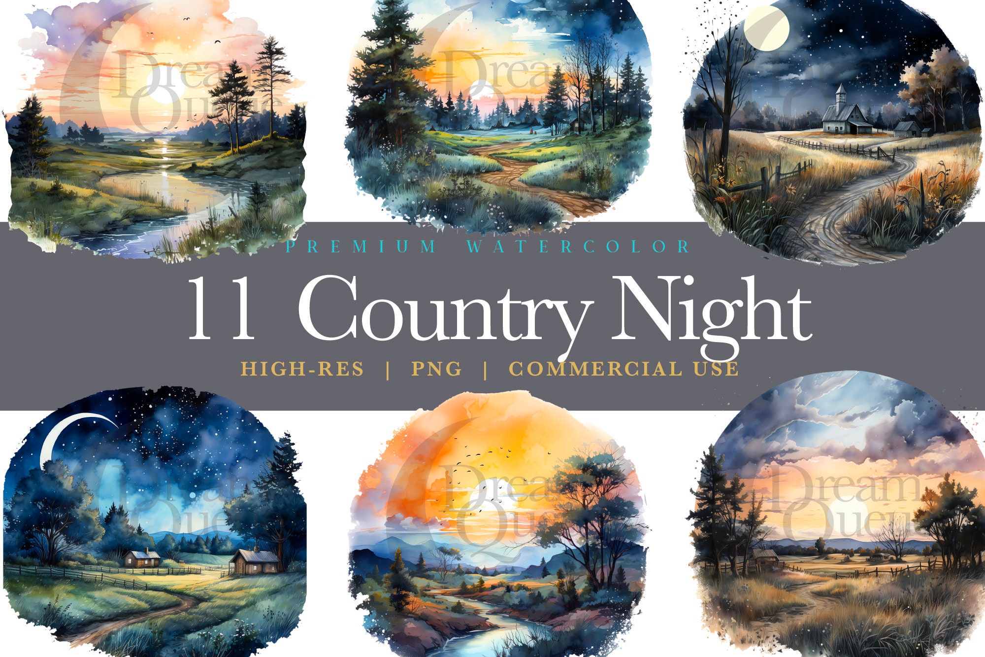Watercolor Country Night Sky Clipart, Country Road, Digital Graphics ...