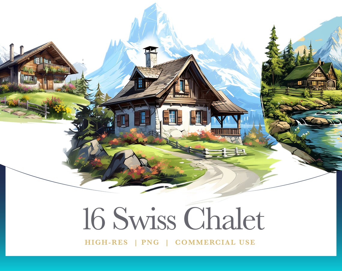 Rustic Watercolor Cabin Clipart, Swiss Chalet, Digital Graphics for ...
