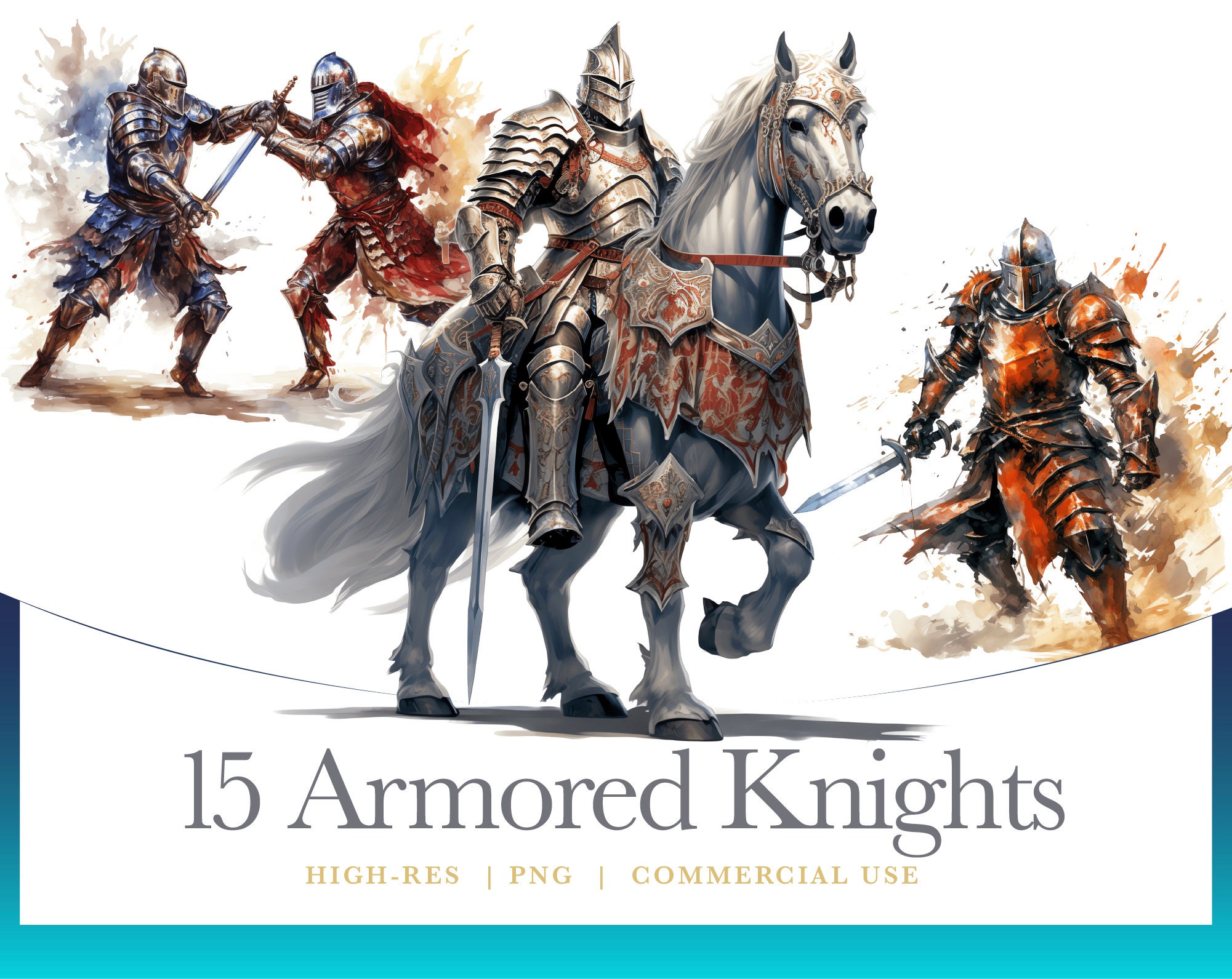 Watercolor Armored Knights Clipart, Medieval Knight, Digital Graphics ...