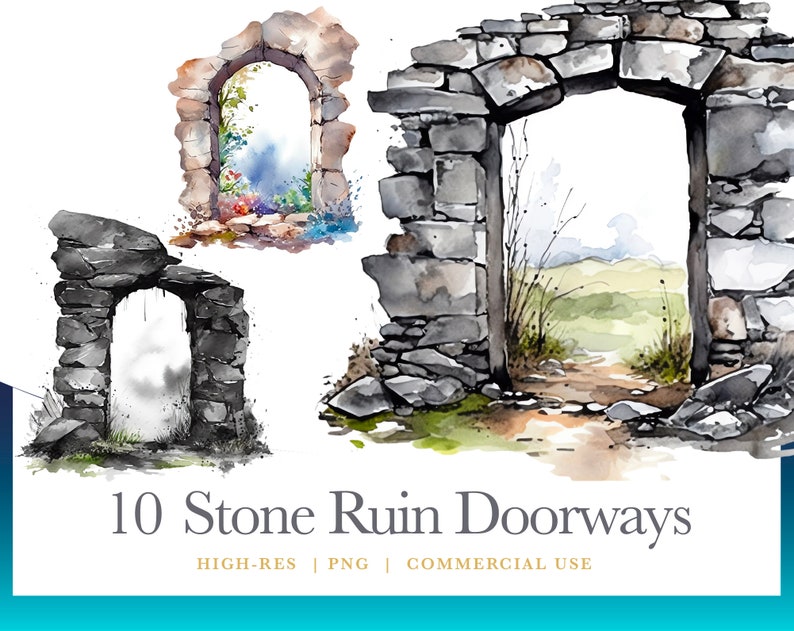 Watercolor Stone Ruin Clipart, Stone Doorway, Digital Graphics for ...