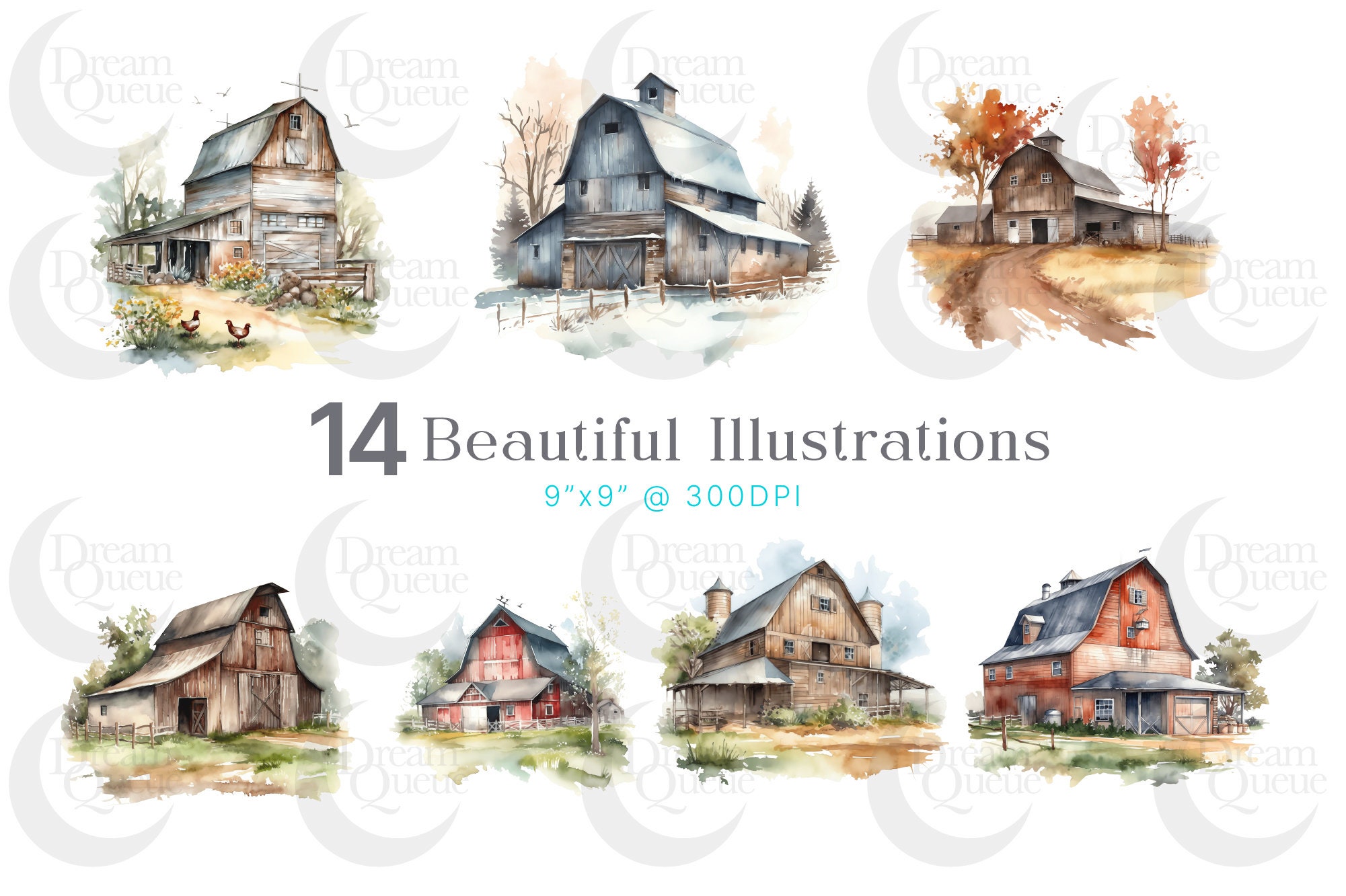 Rustic Watercolor Barn Clipart, Digital Graphics for Commercial Use ...